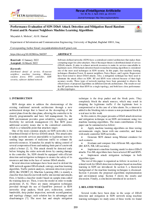 Pdf Performance Evaluation Of Sdn Ddos Attack Detection And Mitigation Based Random Forest And 7194