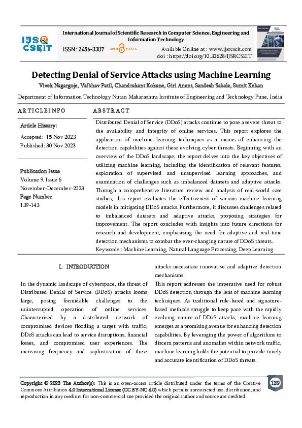 Pdf Detecting Denial Of Service Attacks Using Machine Learning
