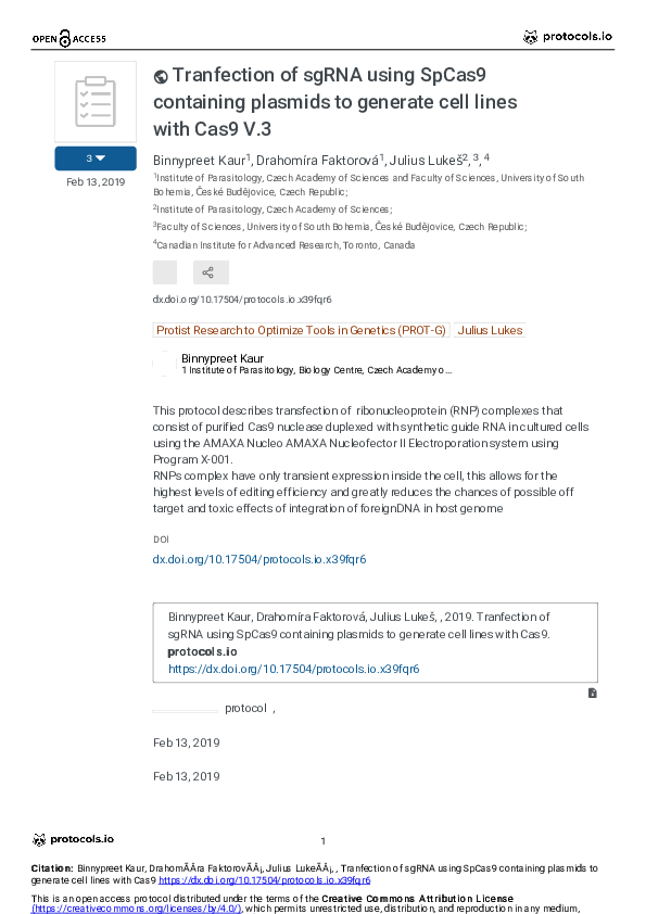 (PDF) Tranfection of sgRNA using SpCas9 containing plasmids to generate ...