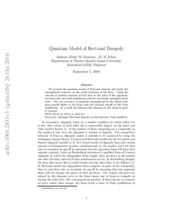 (PDF) Quantum Model of Bertrand Duopoly