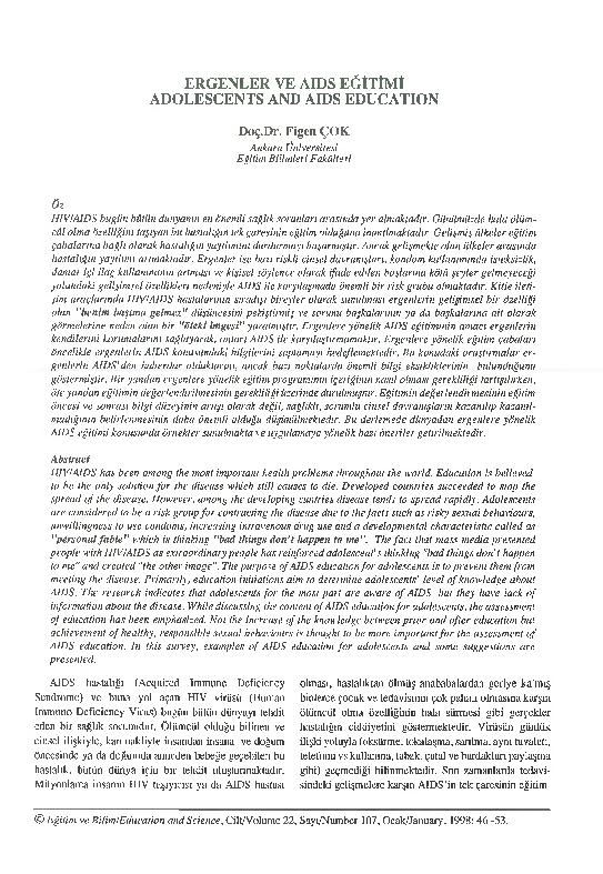 (PDF) Ergenler ve AIDS Eğitimi