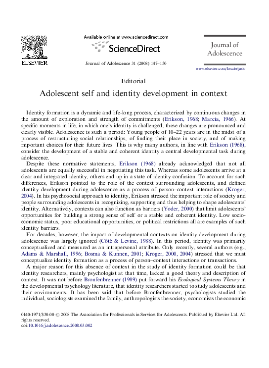 (PDF) Adolescent self and identity development in context