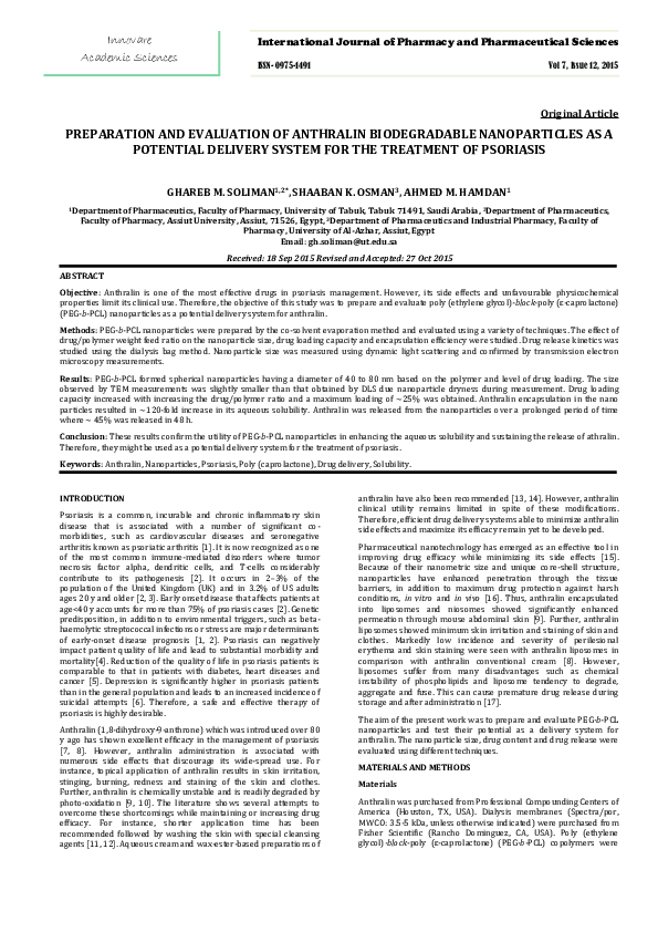 (PDF) PREPARATION AND EVALUATION OF ANTHRALIN BIODEGRADABLE ...