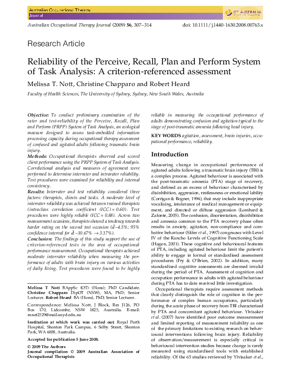 (PDF) Reliability of the Perceive, Recall, Plan and Perform System of ...