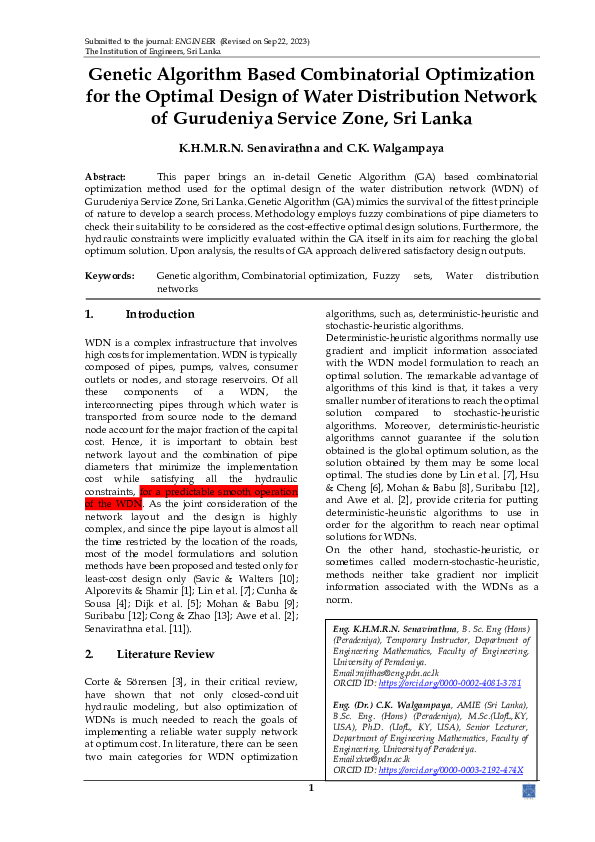 (PDF) Genetic Algorithm Based Combinatorial Optimization for the Optimal Design of Water ...