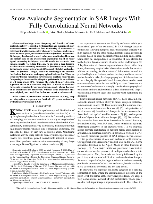 (PDF) Snow Avalanche Segmentation in SAR Images With Fully Convolutional Neural Networks ...