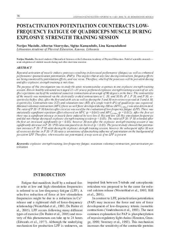 (PDF) Postactivation Potentiation Counteracts Low- Frequency Fatigue of Quadriceps Muscle During ...