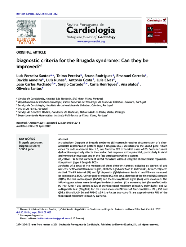 (PDF) Diagnostic criteria for the Brugada syndrome: Can they be improved?