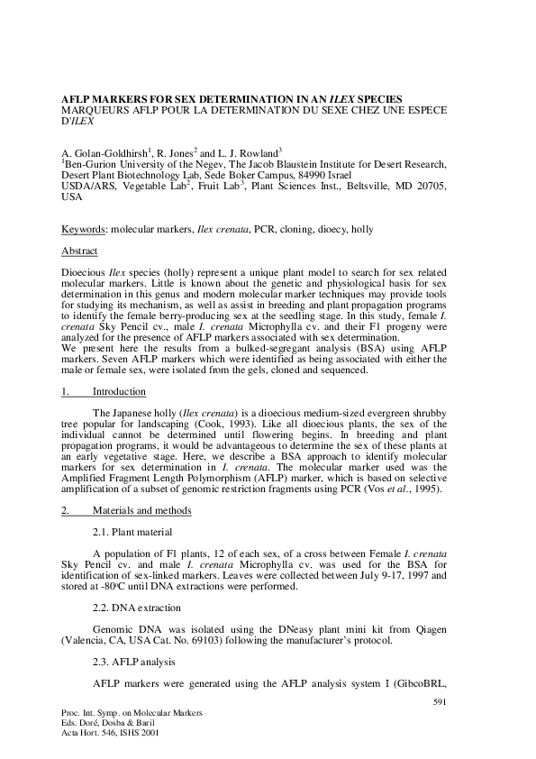 Pdf Aflp Markers For Sex Determination In An Ilex Species
