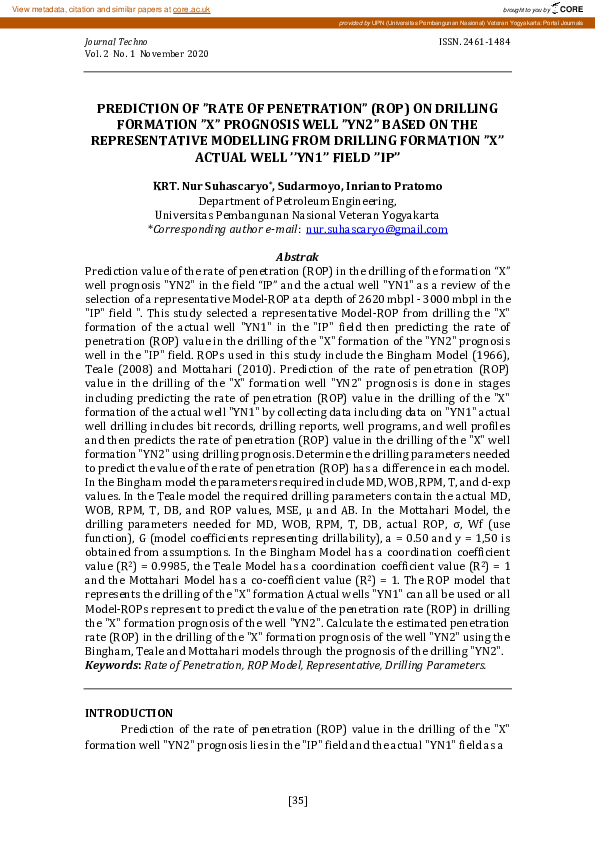 (PDF) Prediction of ”Rate of Penetration” (Rop) on Drilling Formation ”X” Prognosis Well ”YN2 ...