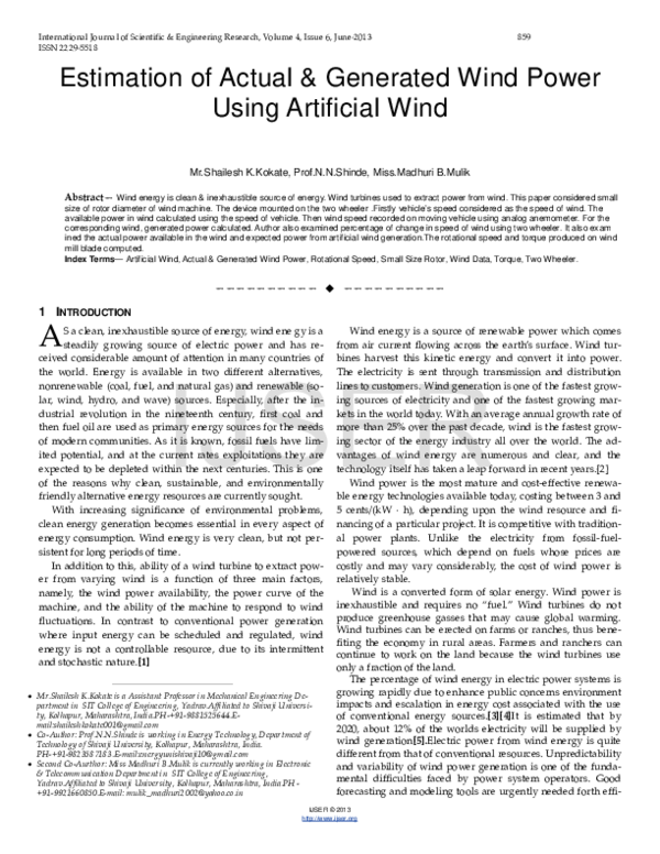 (PDF) Estimation of Actual & Generated Wind Power Using Artificial Wind