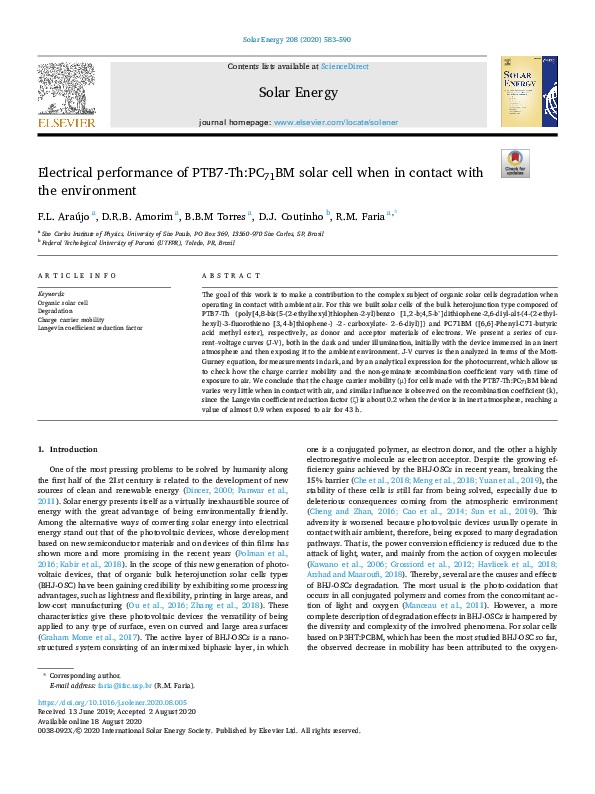 (PDF) Electrical performance of PTB7-Th:PC71BM solar cell when in ...