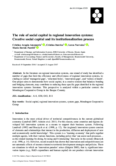 (PDF) The role of social capital in regional innovation systems ...