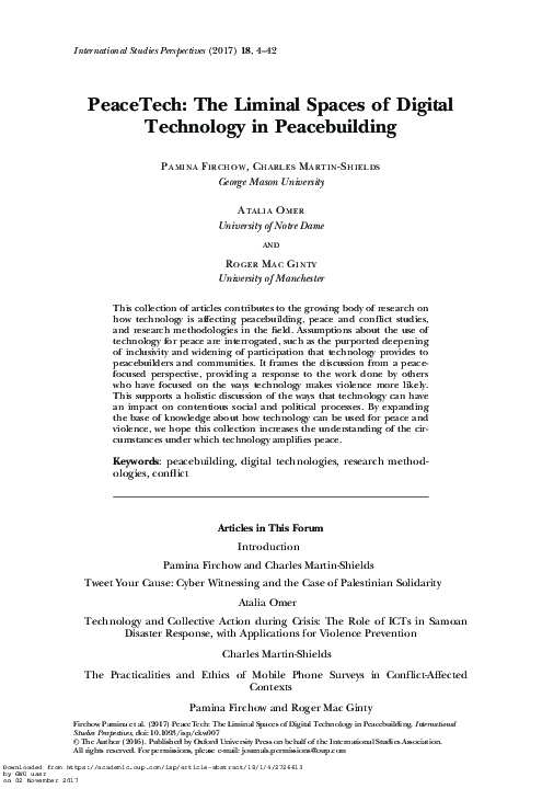(PDF) PeaceTech: The Liminal Spaces of Digital Technology in Peacebuilding