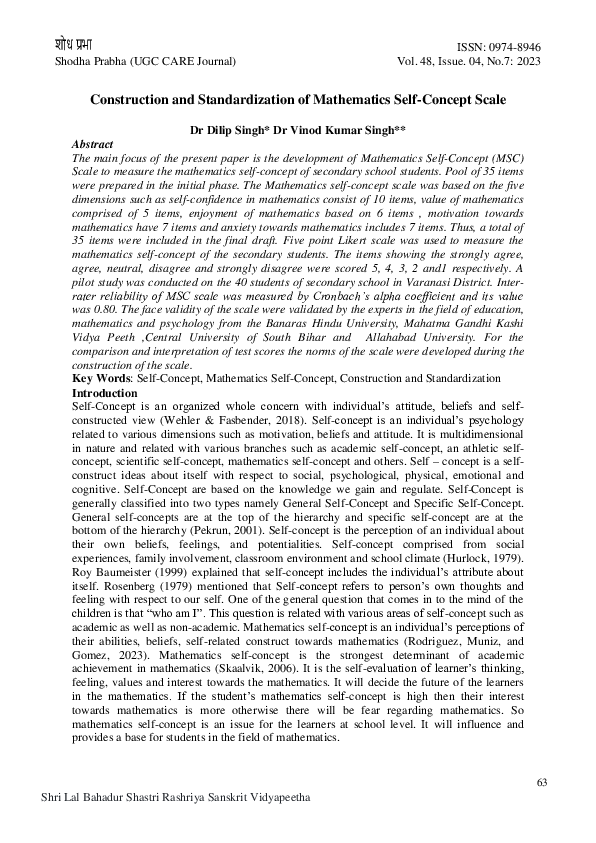 (PDF) Construction and Standardization of Mathematics Self-Concept Scale