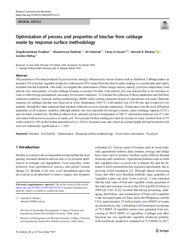 (PDF) Optimization of process and properties of biochar from cabbage waste by response surface ...