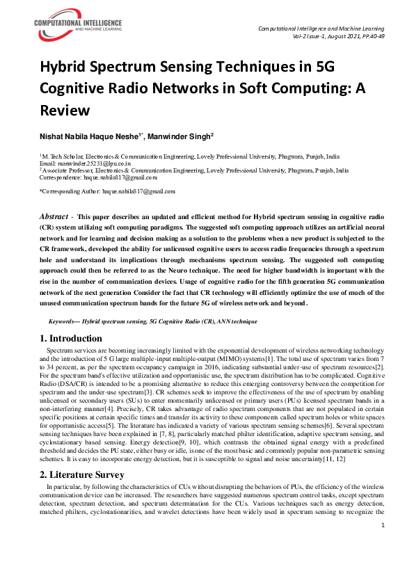 (PDF) Hybrid Spectrum Sensing Techniques in 5G Cognitive Radio Networks in Soft Computing: A Review