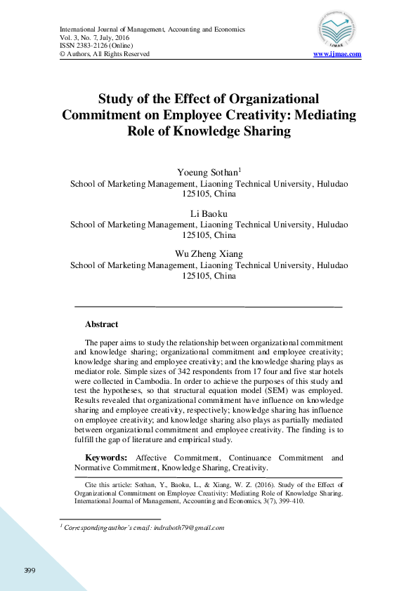 (PDF) Study of the Effect of Organizational Commitment on Employee Creativity: Mediating Role of ...