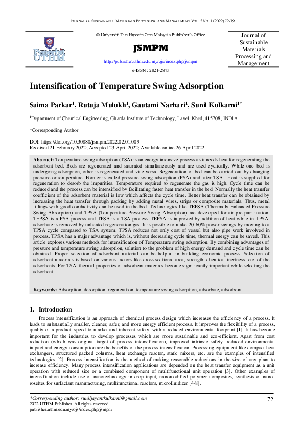 (PDF) Intensification of Temperature Swing Adsorption