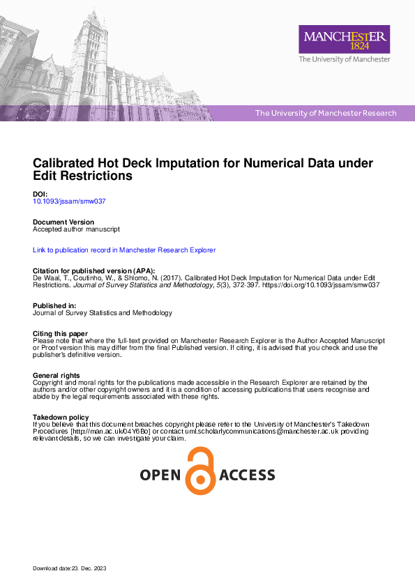 (PDF) Calibrated Hot Deck Imputation for Numerical Data Under Edit Restrictions