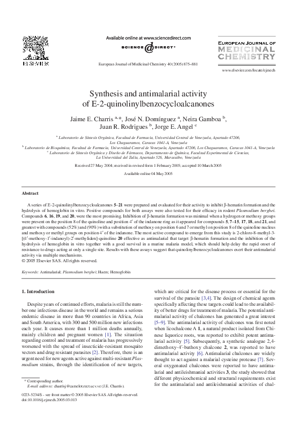 Synthesis and Antimalarial Activity of E-2-Quinolinylbenzocycloalcanones