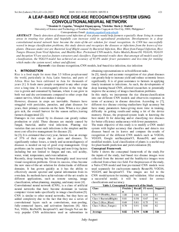 Pdf A Leaf Based Rice Disease Recognition System Using Convolutional