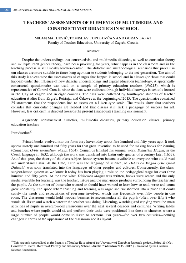 (PDF) Teacher's Assessments of Elements of Multimedia and Constructivist Didactics in School