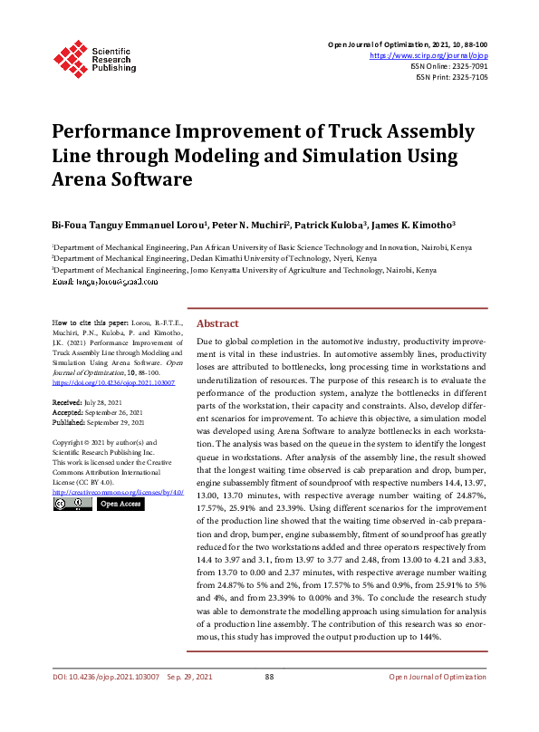 (PDF) Performance Improvement of Truck Assembly Line through Modeling and Simulation Using Arena ...