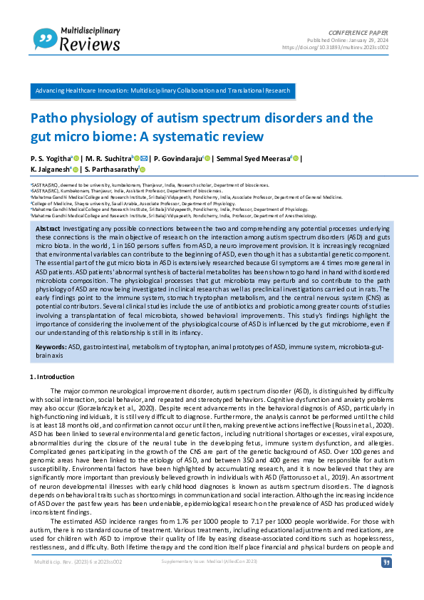 (PDF) Patho physiology of autism spectrum disorders and the gut micro biome: A systematic review