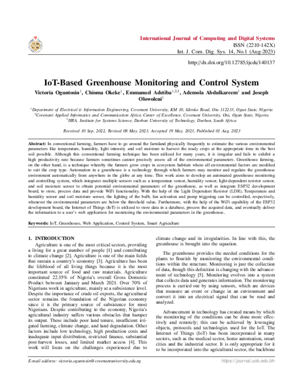 Pdf Iot Based Greenhouse Monitoring And Control System
