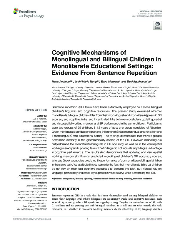 (PDF) Cognitive Mechanisms of Monolingual and Bilingual Children in Monoliterate Educational ...