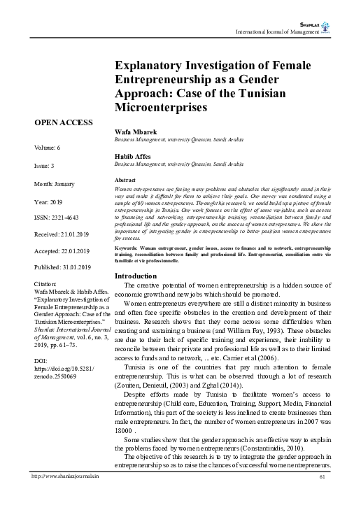 (PDF) Explanatory Investigation of Female Entrepreneurship as a Gender ...