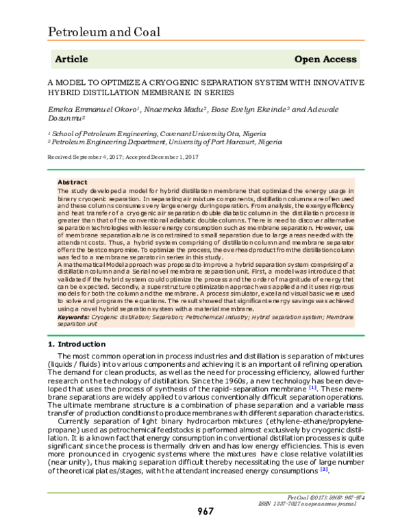 (PDF) A Model to Optimize a Cryogenic Separation System with Innovative ...