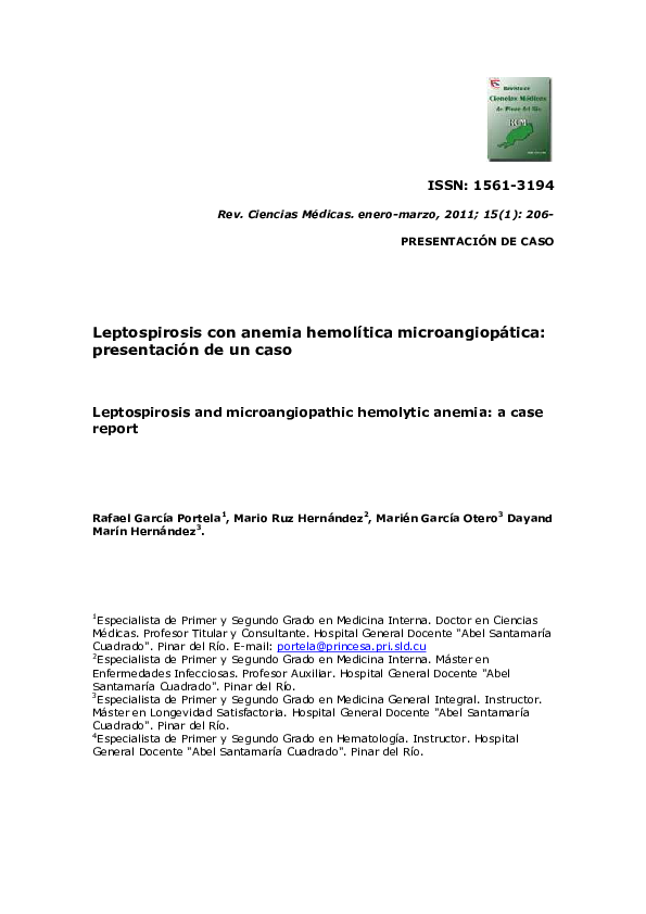 (PDF) Leptospirosis con anemia hemolítica microangiopática ...