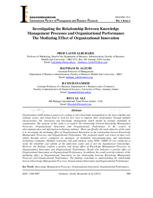 (PDF) Investigating the Relationship Between Knowledge Management Processes and Organizational ...
