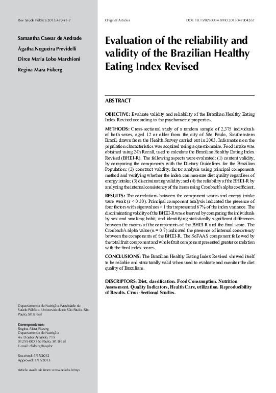 (PDF) Evaluation of the reliability and validity of the Brazilian Healthy Eating Index Revised