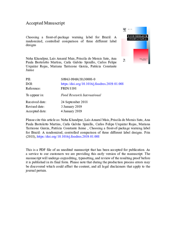 (PDF) Choosing a front-of-package warning label for Brazil: A ...