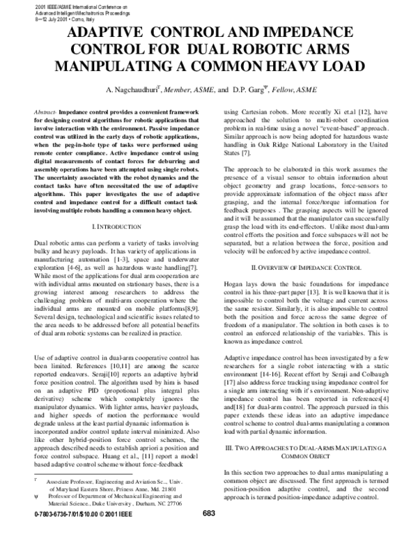 (PDF) Adaptive control and impedance control for dual robotic arms manipulating a common heavy load