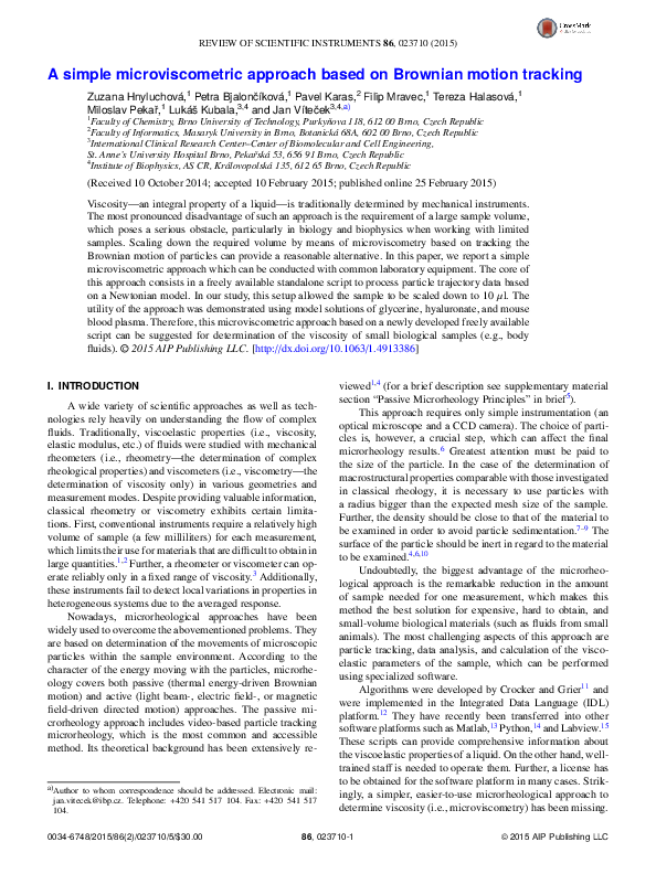 (PDF) A simple microviscometric approach based on Brownian motion tracking