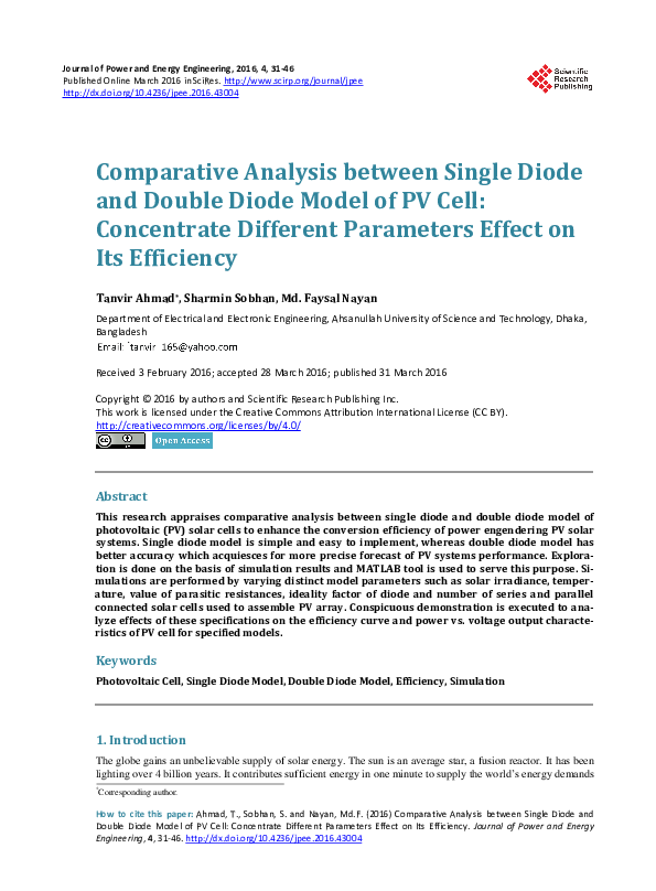 Pdf Comparative Analysis Between Single Diode And Double Diode Model