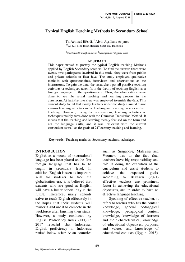 (PDF) Typical English Teaching Methods Used in Secondary Level