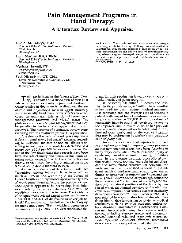 (PDF) Pain management programs in hand therapy: A literature review and ...
