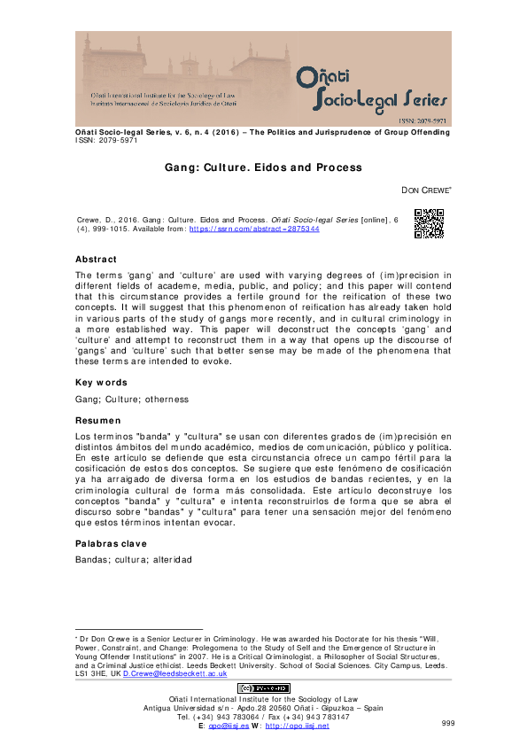 (PDF) Gang: Culture. Eidos and Process