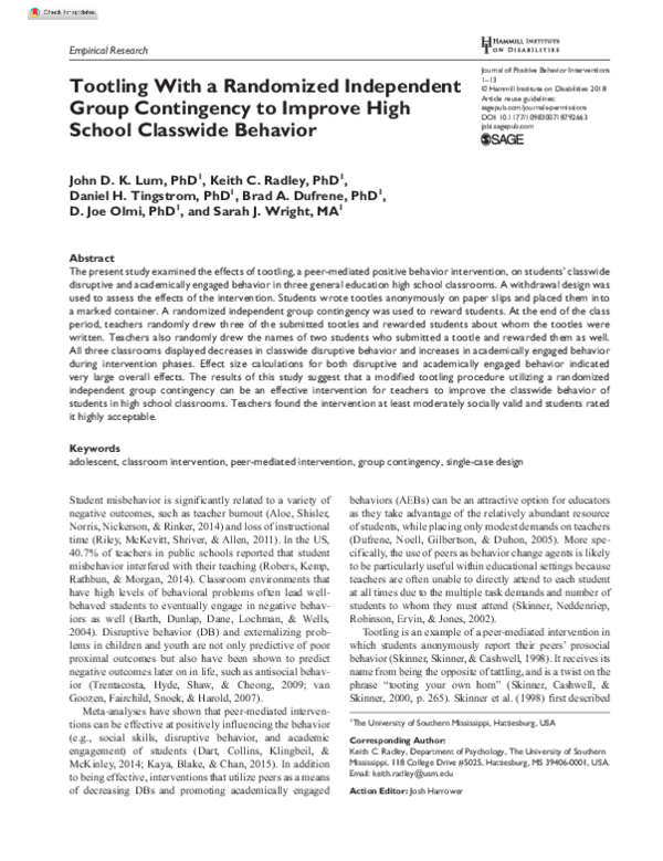 (PDF) Tootling With a Randomized Independent Group Contingency to ...