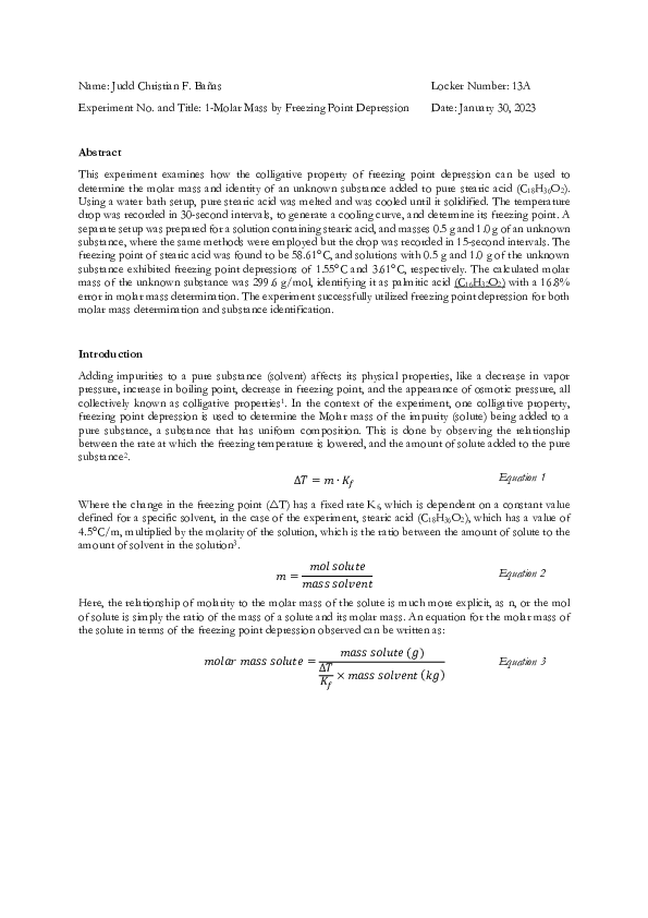 (PDF) Molar Mass by Freezing Point Depression