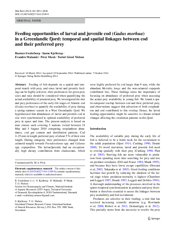 (PDF) Feeding opportunities of larval and juvenile cod (Gadus morhua ...