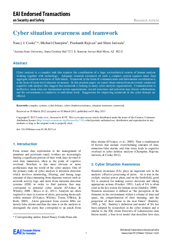 (PDF) Cyber situation awareness and teamwork (PDF) Cyber situation awareness and teamwork