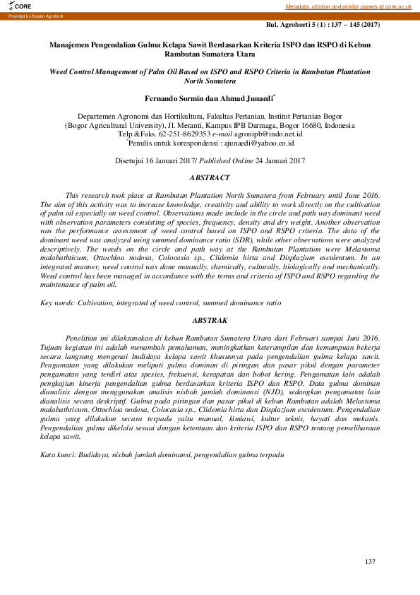 (PDF) Manajemen Pengendalian Gulma Kelapa Sawit Berdasarkan Kriteria ISPO dan RSPO di Kebun ...