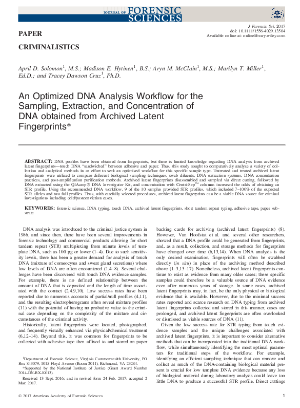 (PDF) An Optimized DNA Analysis Workflow for the Sampling, Extraction ...