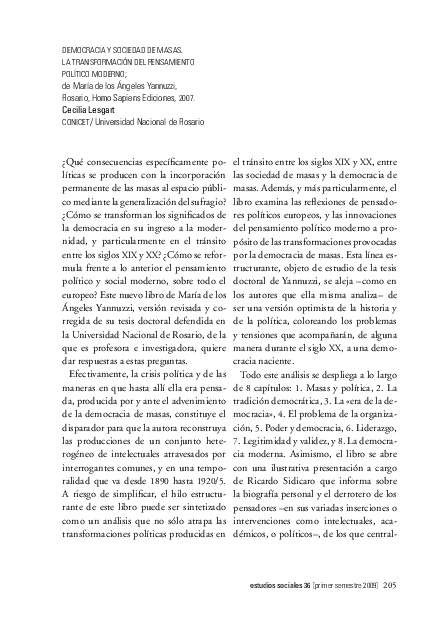 (PDF) Notas y Comunicaciones: "Democracia y Sociedad de Masas. La ...